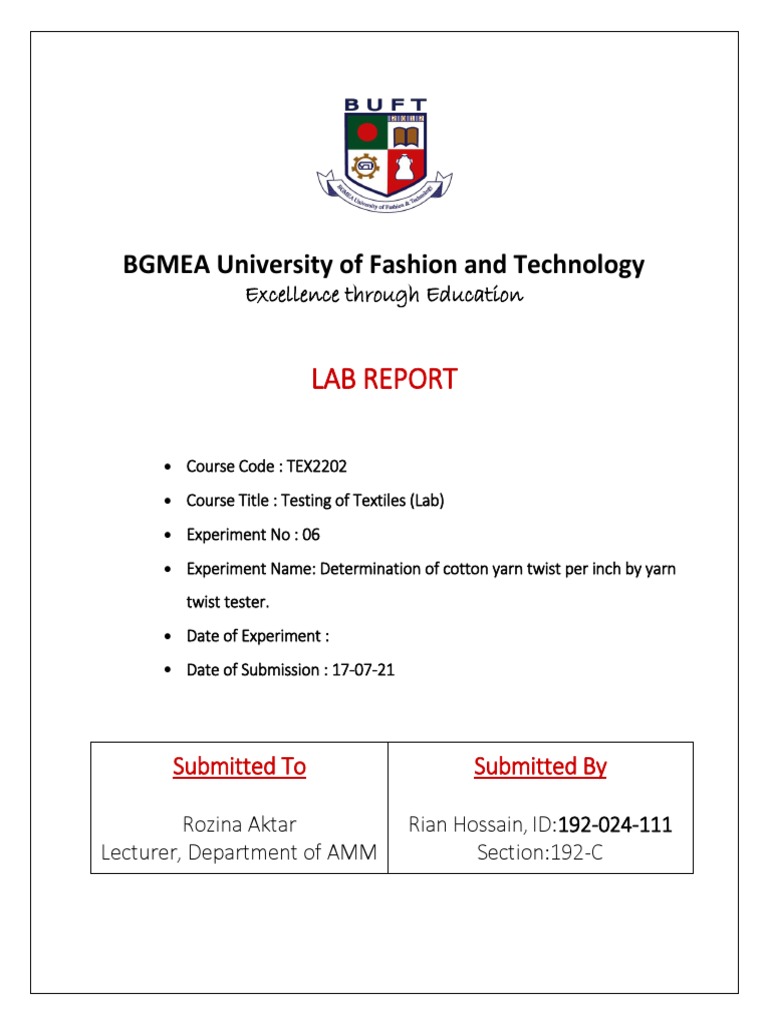 BGMEA University Lab Report on Determining Cotton Yarn Twist | PDF ...