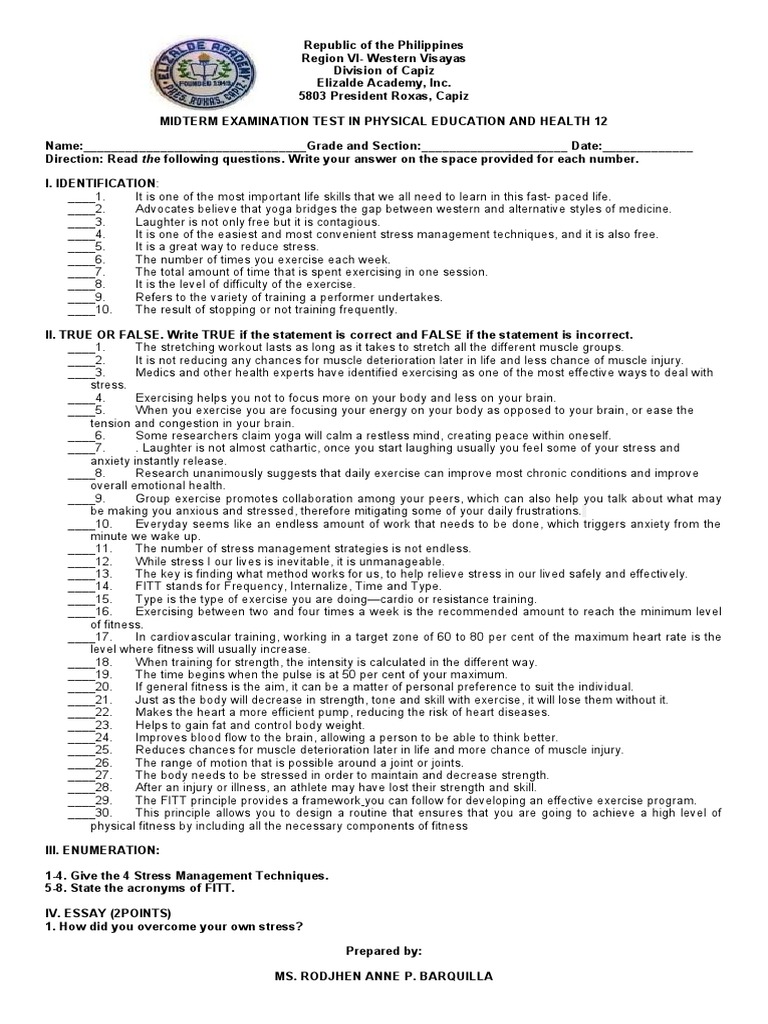 Midterm Exam in Pe and Health 12 | PDF | Physical Fitness | Health Care
