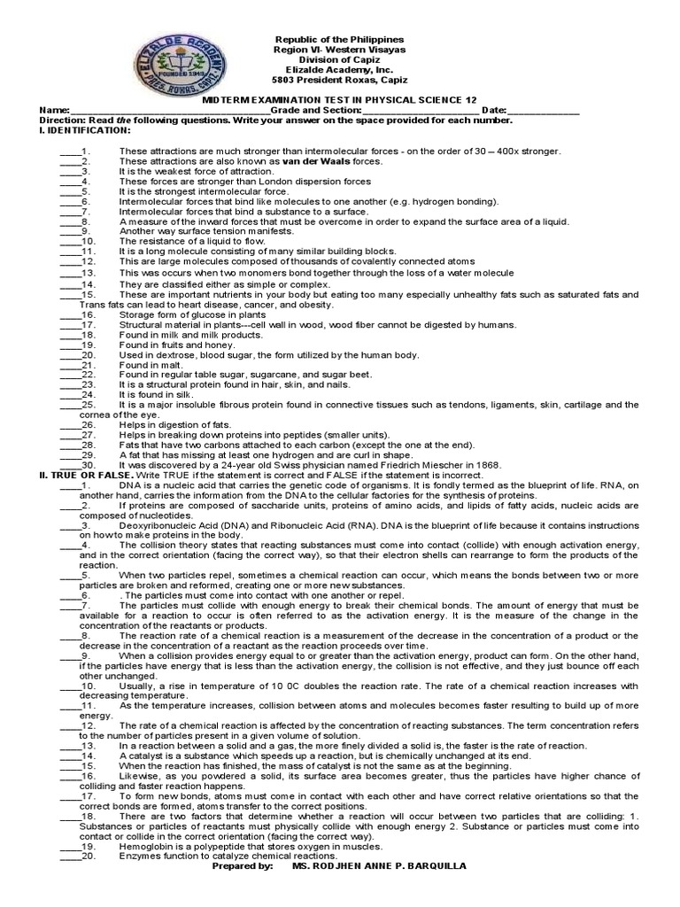 Midterm Exam in Physical Science | PDF | Reaction Rate | Chemical Reactions