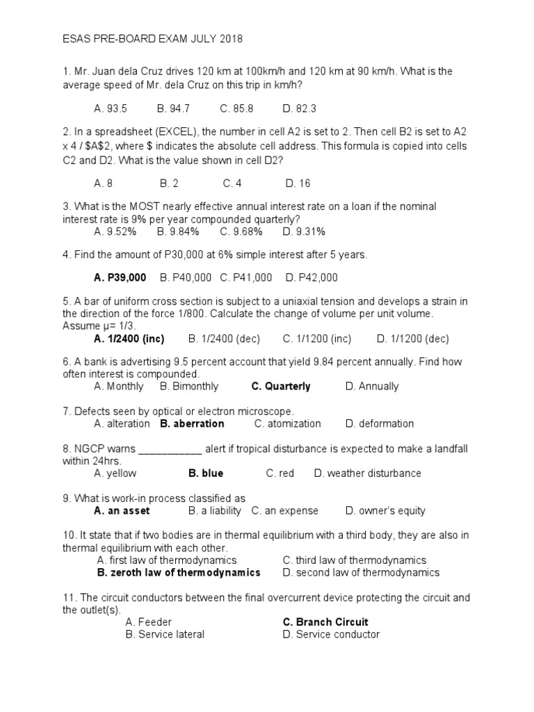 Esas Pre-Board Exam July 2018 | PDF | Thermodynamics | Heat