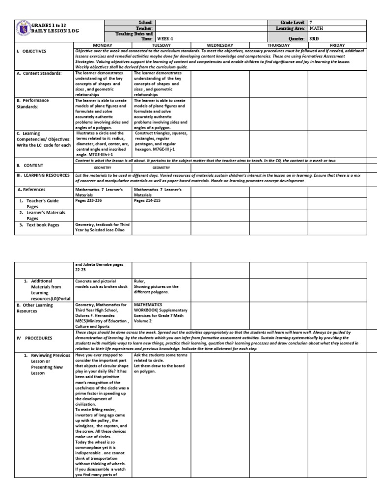 Grade 7 Math Geometry Lesson Plan | PDF | Learning | Shape