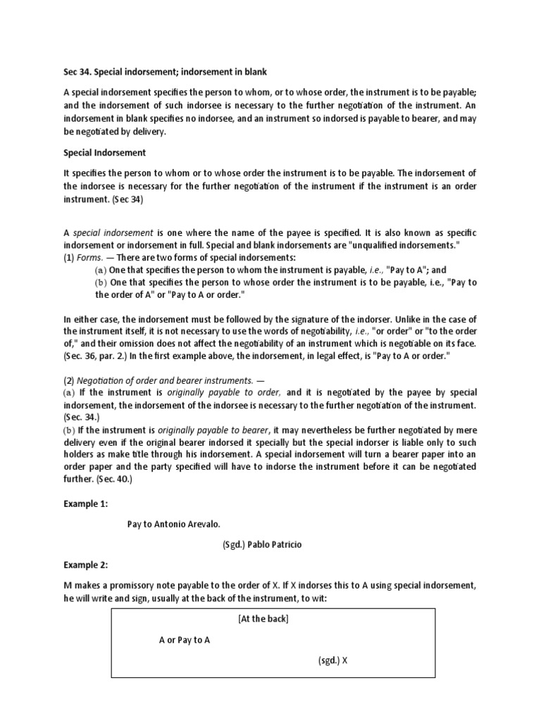 Sec 34. Special Indorsement Indorsement in Blank | PDF | Bearer ...