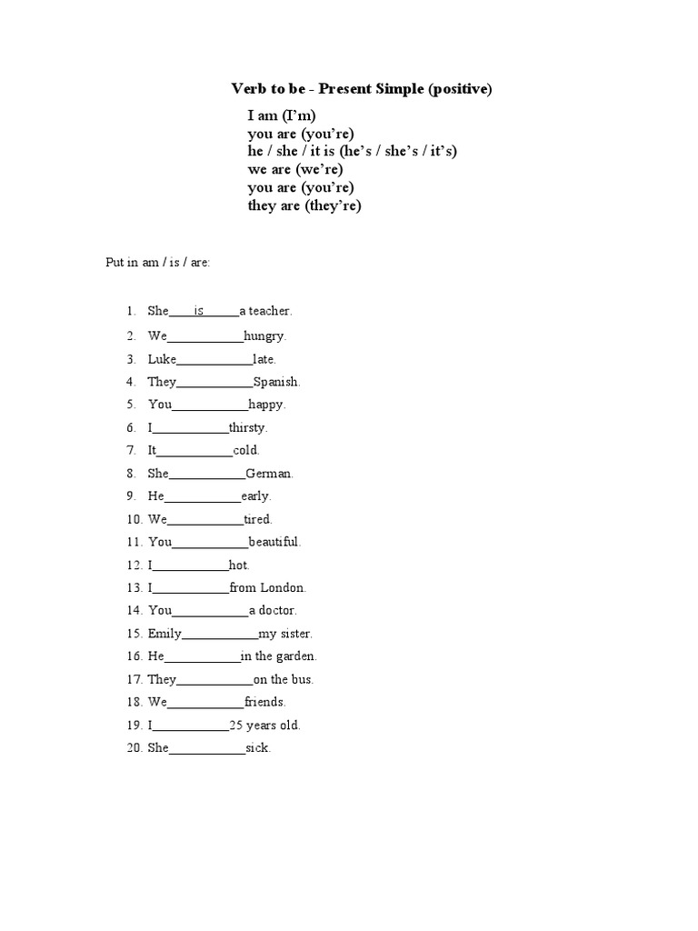 Verb To Be - Present Simple (Positive) | PDF