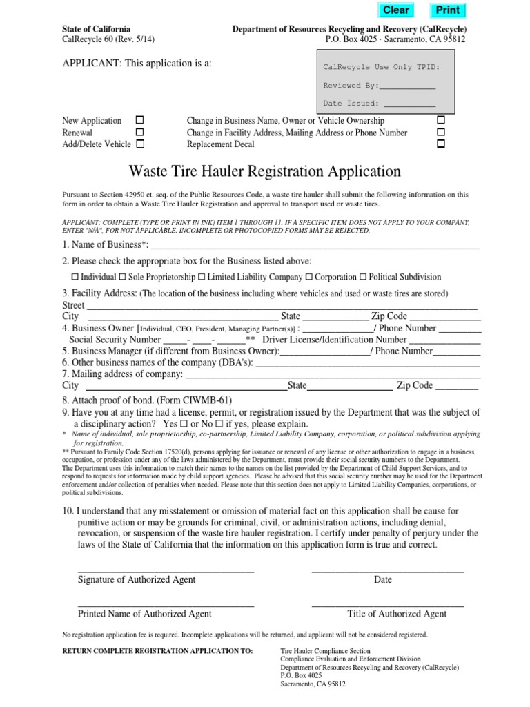CalRecycle Waste Tire Hauler Registration Application Form | PDF ...