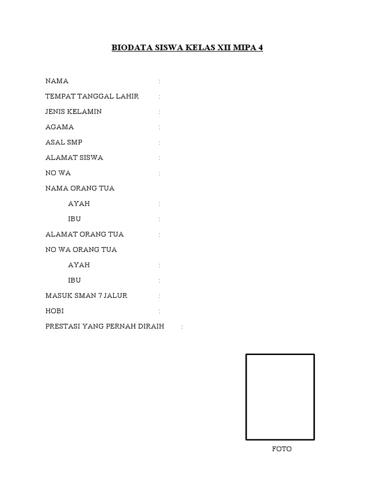 Biodata Siswa Kelas Xii Mipa 4 | PDF