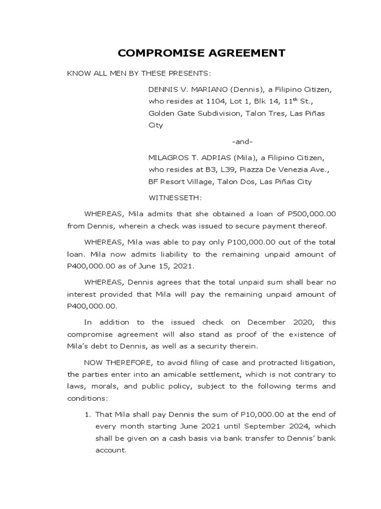 Compromise Agreement Sample | PDF | Civil Law (Legal System) | Private Law