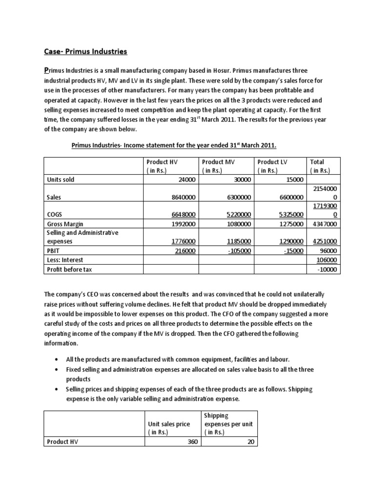 Primus Industries - TOC Case Study | PDF | Gross Margin | Business