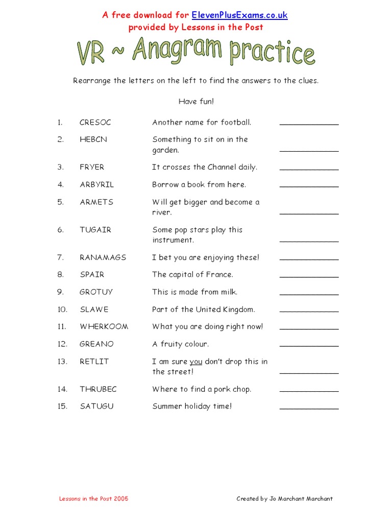 11 Plus Anagrams Exercise With Answers | PDF