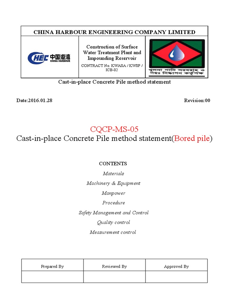 MS 05 Cast-In-place Concrete Pile Method Statement (Bored Pile) | PDF ...