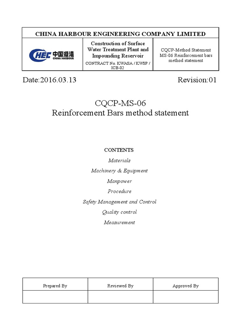 MS 06 Reinforcement Bars Method Statement-Rev 01 | PDF | Concrete ...