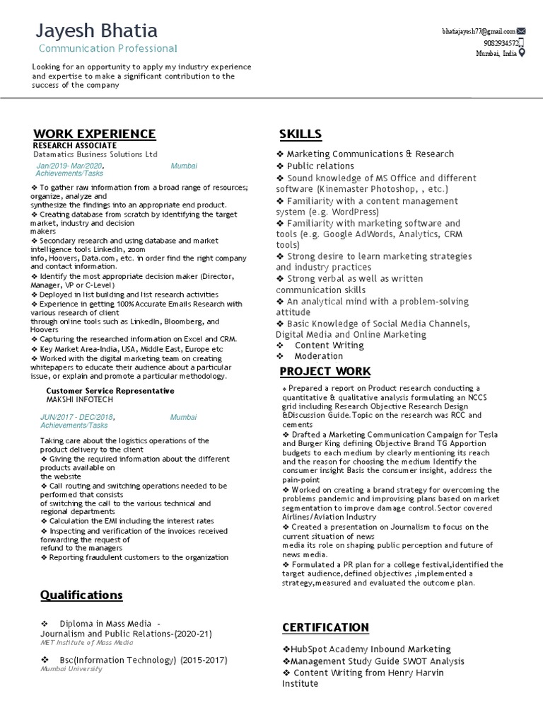 Jayesh Bhatia: Communication Pro Resume | PDF | Customer Relationship Management | Marketing