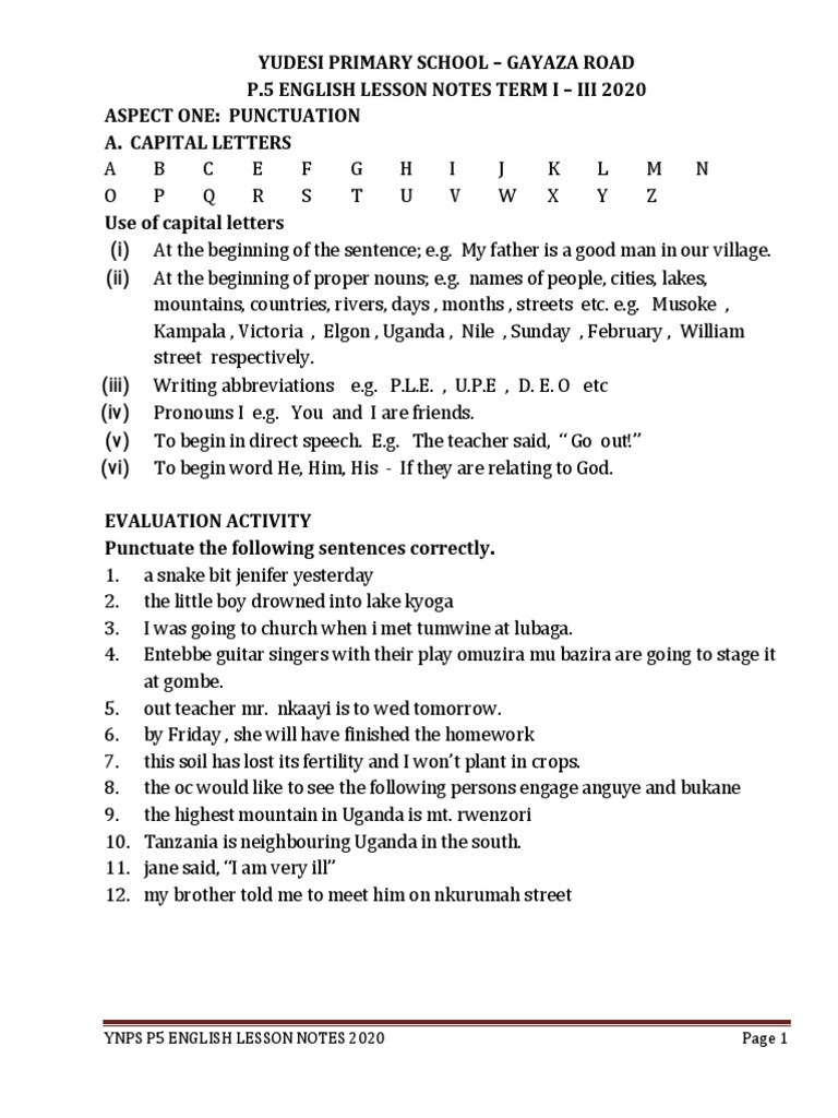 P.5 English Lesson Notes Term One 2020 | PDF | Adverb | Grammatical Gender