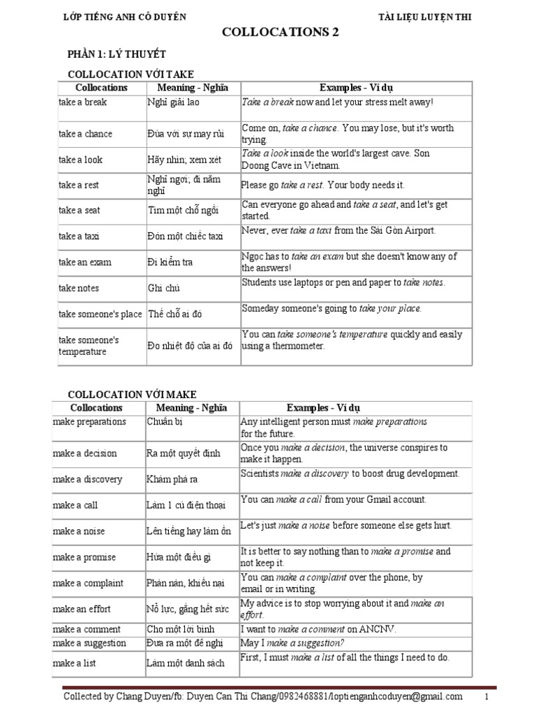 Collocations 2: Phần 1: Lý Thuyết Collocation Với Take Collocations Meaning - Nghĩa Examples ...
