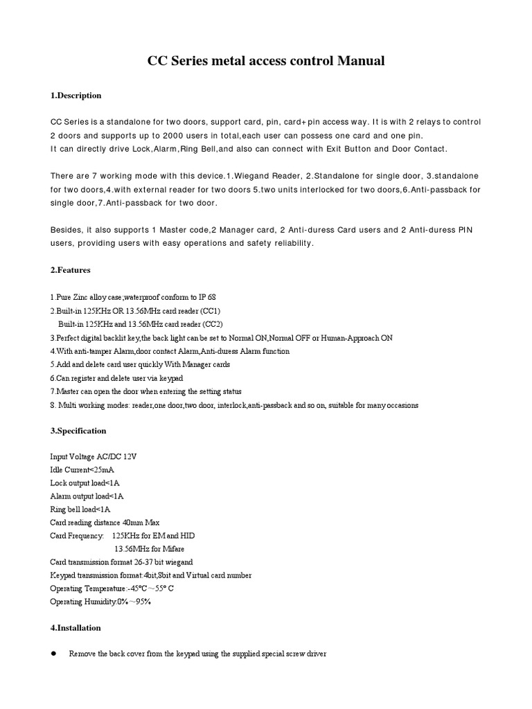 CC Series Metal Access Control Manual: 1.description | PDF | Personal ...