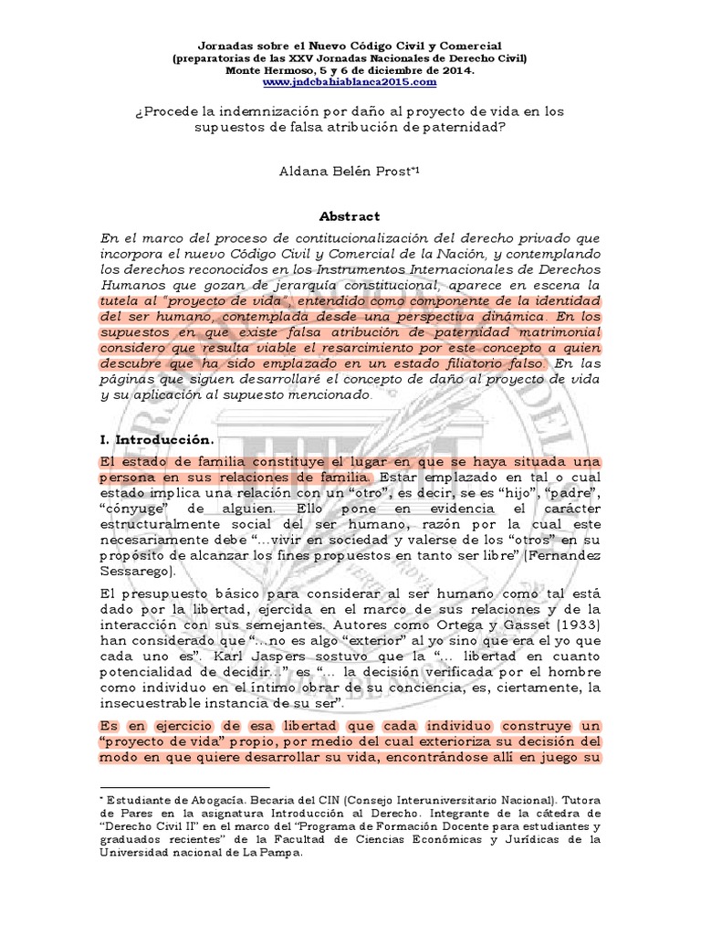 Prost. Procede La Indemnización Por Daño Al Proyecto de Vida en Los ...