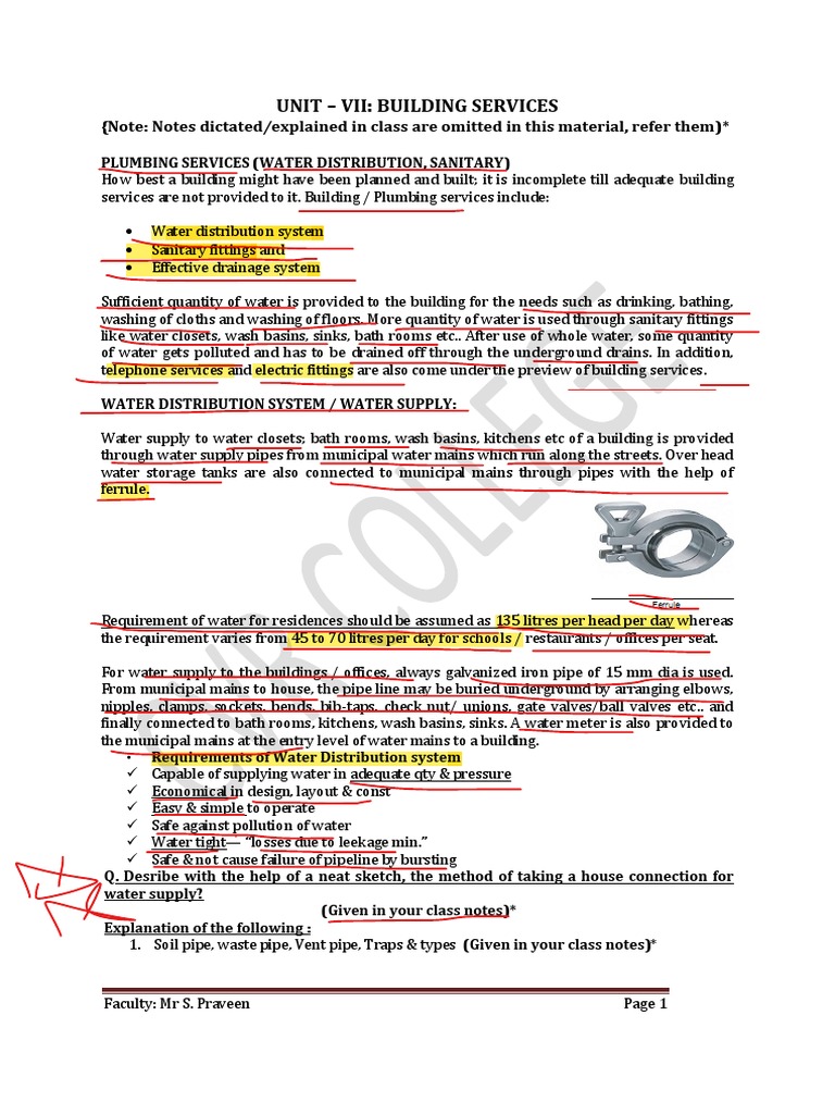Unit - Vii: Building Services: (Note: Notes Dictated/explained in Class ...
