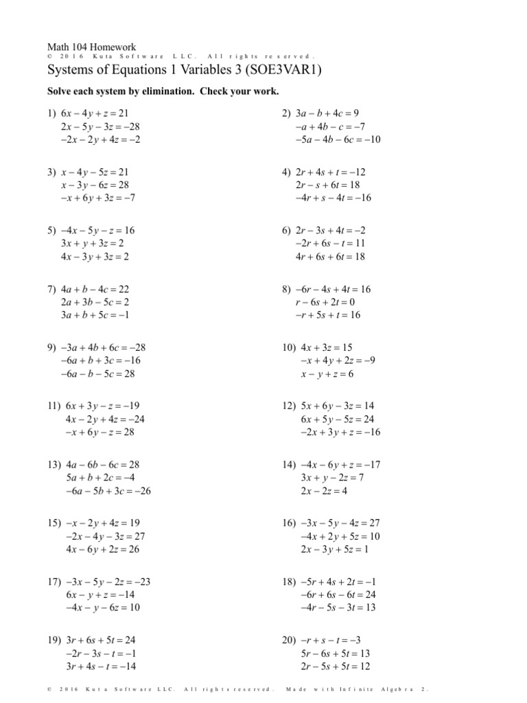 Systems of Equations 1 Variables 3 (SOE3VAR1) : Solve Each System by ...