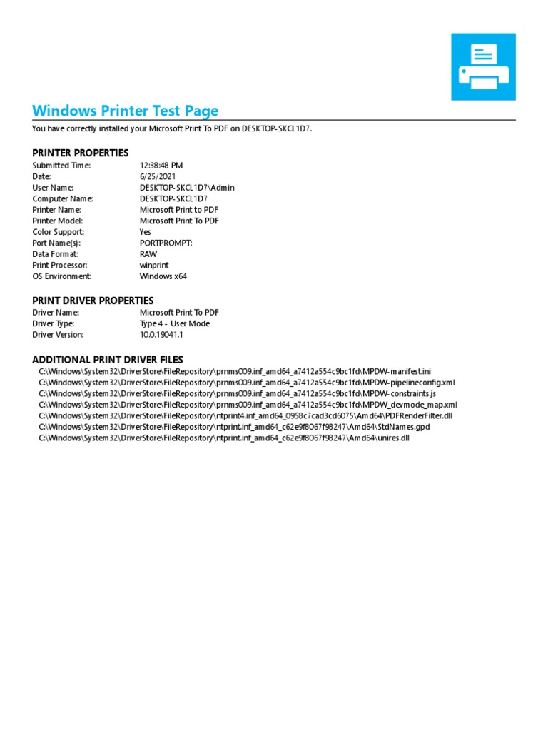 Microsoft Print To PDF Test Page Properties | PDF
