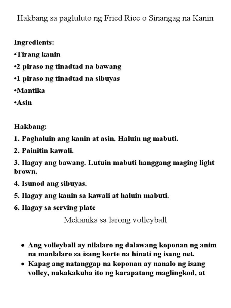 Hakbang Sa Pagluluto NG Fried Rice o Sinangag Na Kanin | PDF