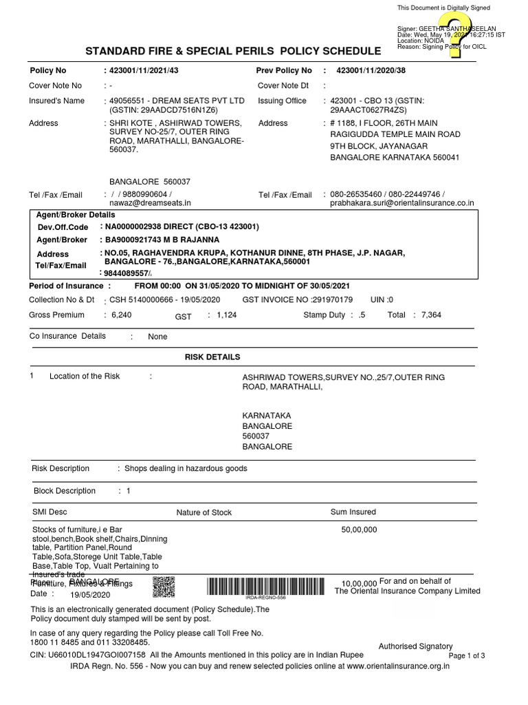 Standard Fire & Special Perils Policy Schedule: Page 1 of 3 | PDF ...