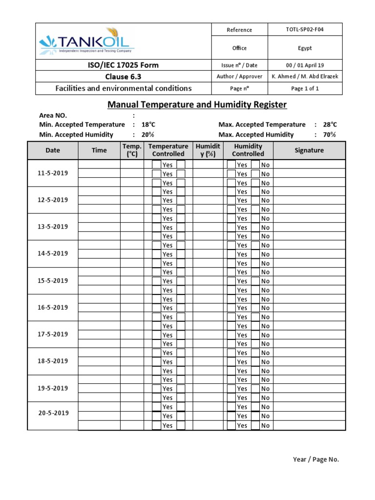 Manual Temperature and Humidity Register: Facilities and Environmental ...