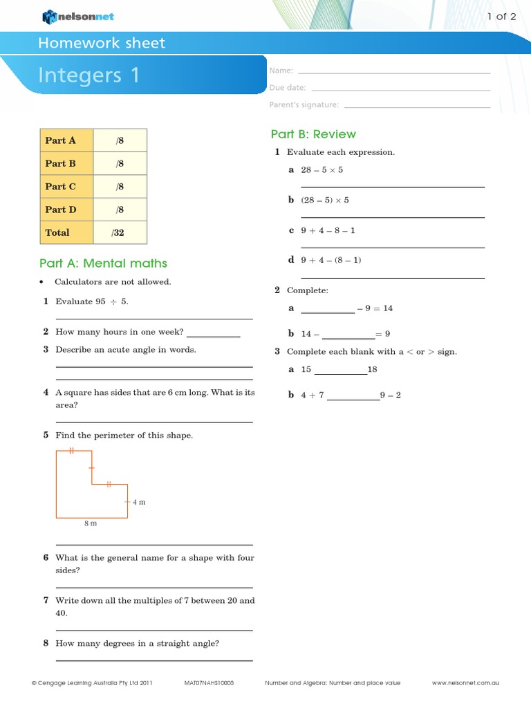 Integers 1: Homework Sheet | PDF | Worksheet | Algebra