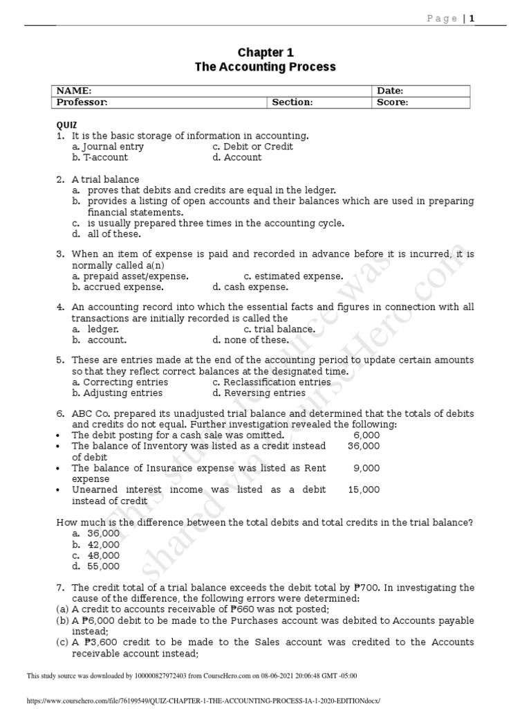 Quiz on Accounting Fundamentals | PDF | Debits And Credits | Financial ...