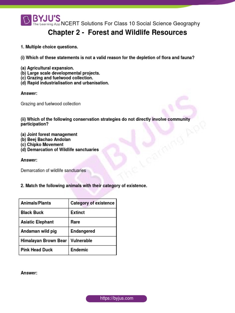 NCERT Solutions Class 10 Social Science Geography Chapter 2 Forest and Wildlife Resources | PDF ...