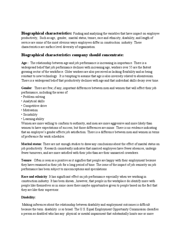 Biographical Characteristics Impacting Productivity | PDF | Disability ...