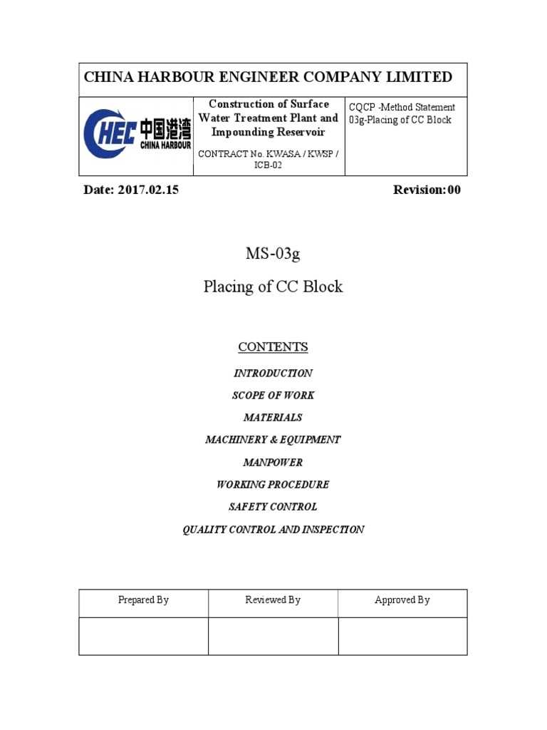 CC Block Placement Method Statement | PDF | Concrete | Reservoir