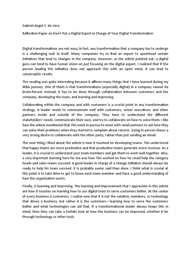Reflection Paper On Don't Put A Digital Expert in Charge of Your ...