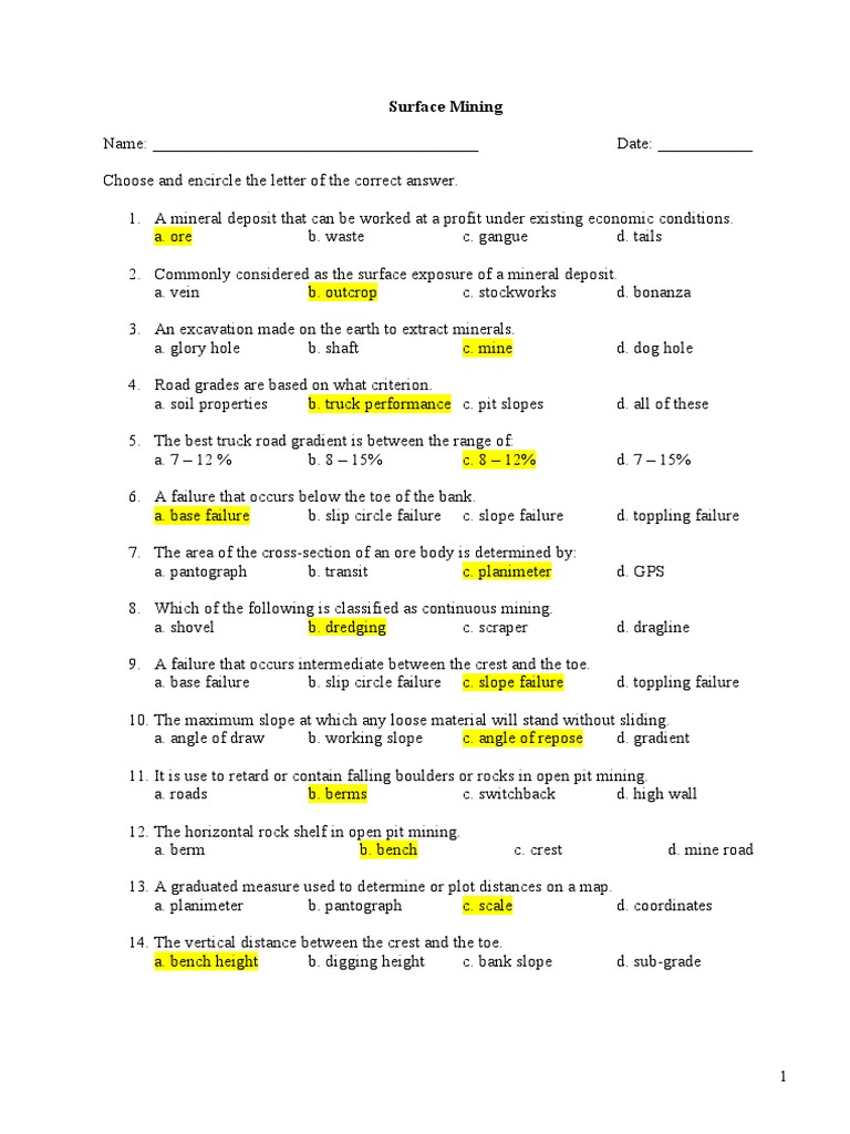 Surface Mining Quiz Questions and Answers | PDF | Mining | Coal Mining