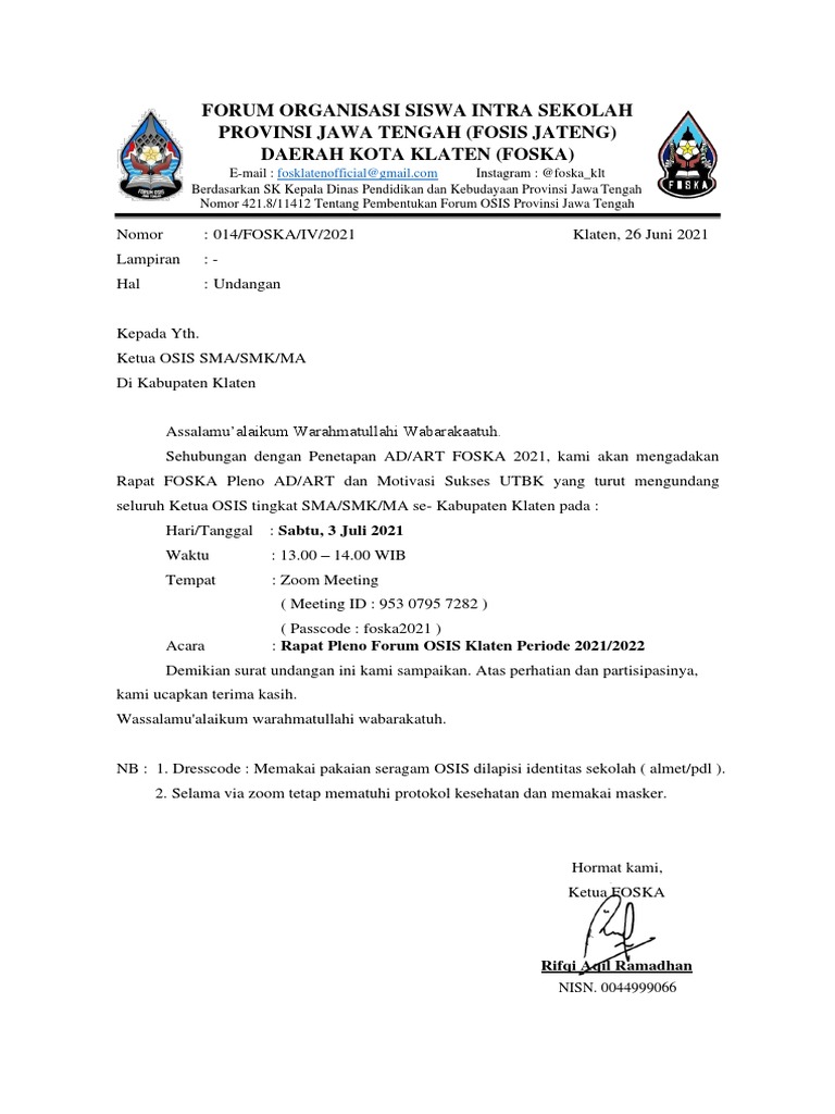 Surat Undangan Ketua OSIS | PDF