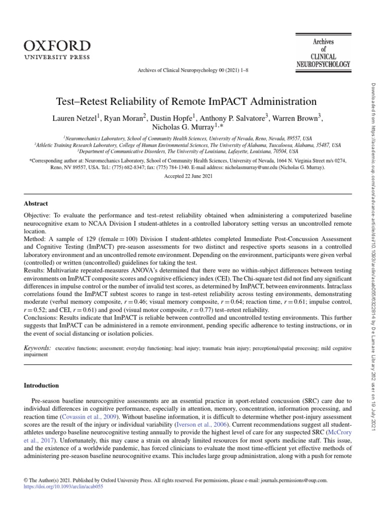 Test-Retest Reliability of Remote Impact Administration | PDF | Mental ...