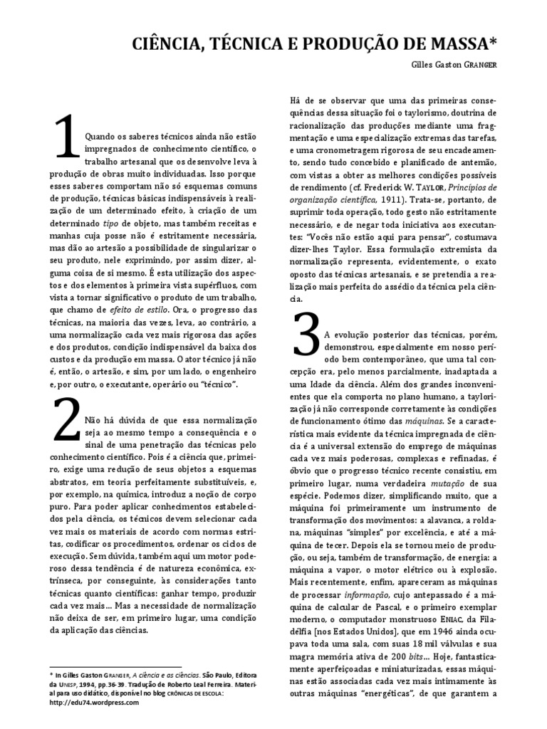 Gilles Gaston Granger - Ciência, Técnica e Produção de Massa | PDF ...