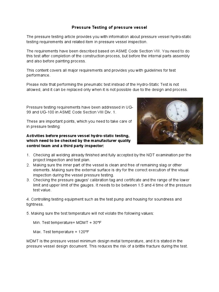 Pressure Testing of Pressure Vessel | PDF | Industrial Processes ...