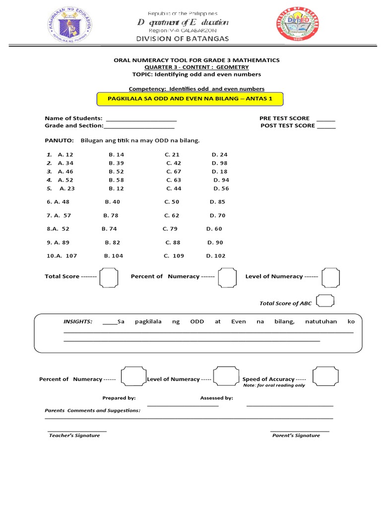 Odd and Even Numbers Assessment Tool | PDF | Learning | Cognition