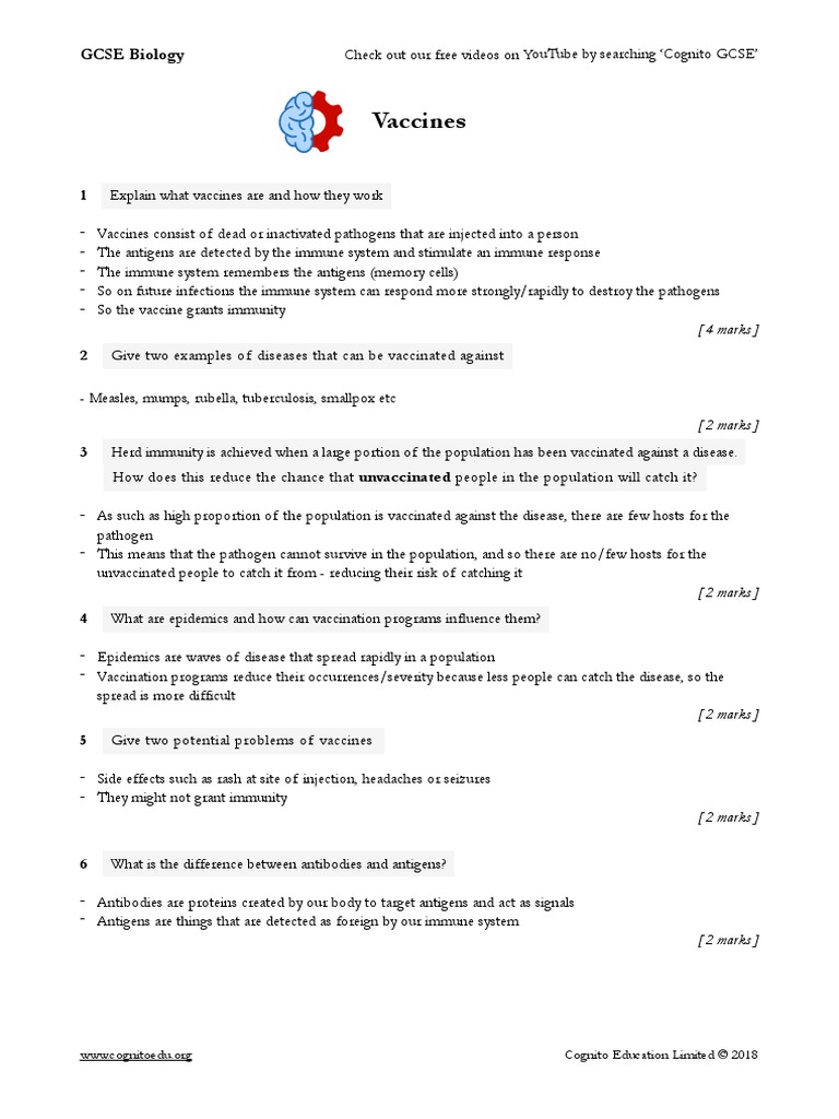 GCSE Biology - Vaccines - Worksheet Answers | PDF | Vaccines | Immune ...
