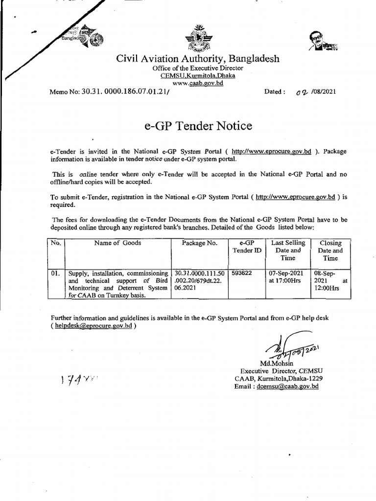 e-GP Tender Notice: Civil Aviation Authority, Bangladesh | PDF