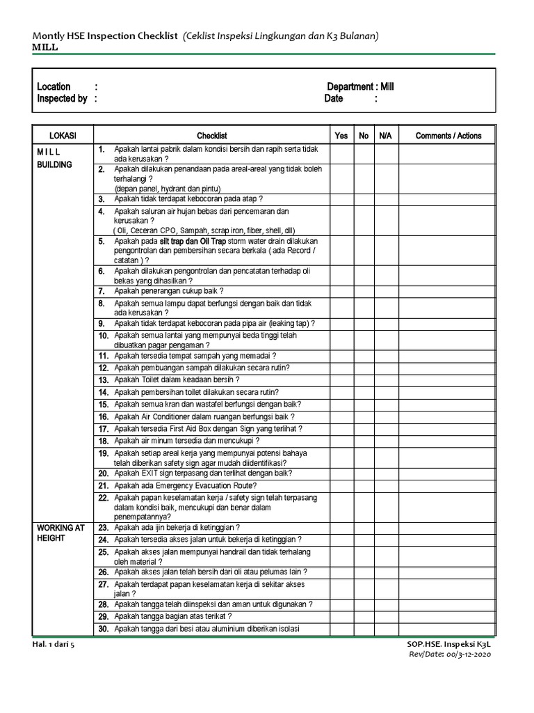Checklist Inspeksi K3 Bulanan Mill | PDF
