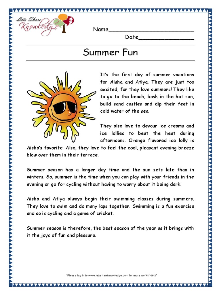 Summer Fun Grade 2 Comprehension Worksheet | PDF | Water