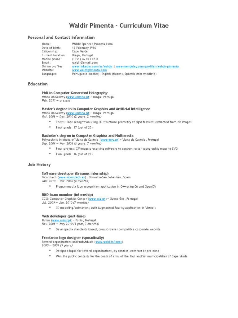 CV Waldir Pimenta | PDF | 3 D Computer Graphics | Portugal