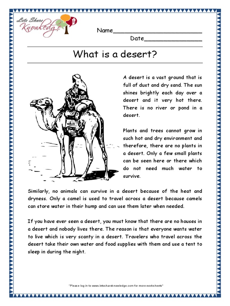 Desert Grade 2 Comprehension Worksheet | PDF | Desert | Camel
