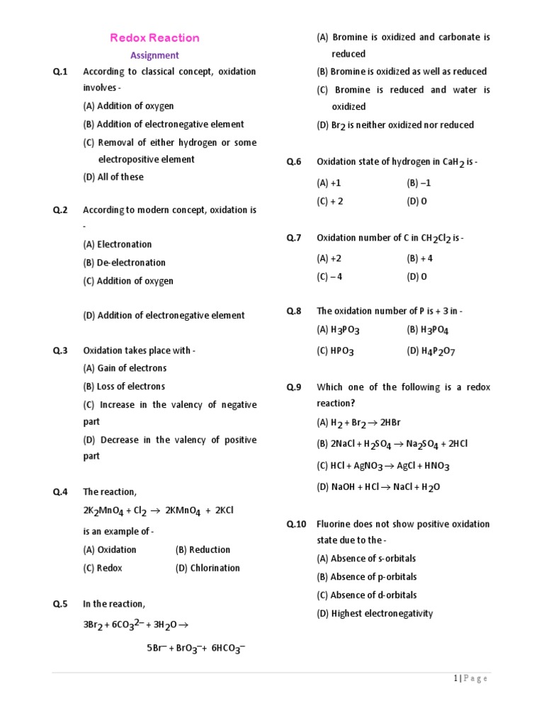 Redox MCQs | PDF | Redox | Chemical Reactions