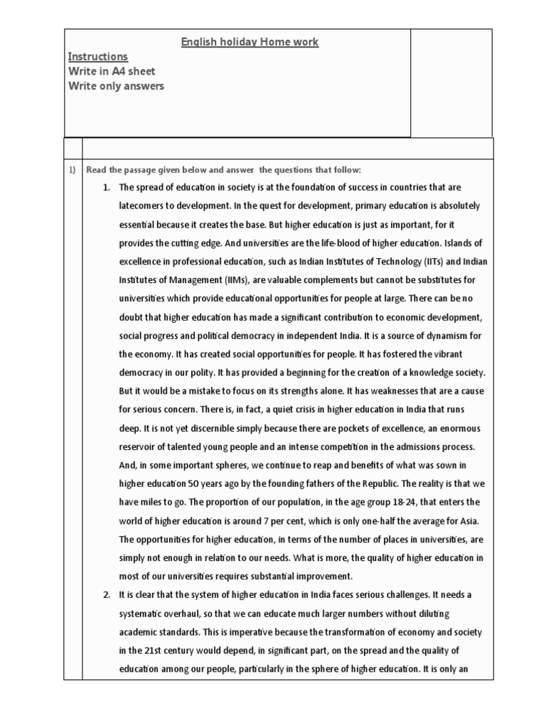 Holiday Homework 9th Grade | PDF