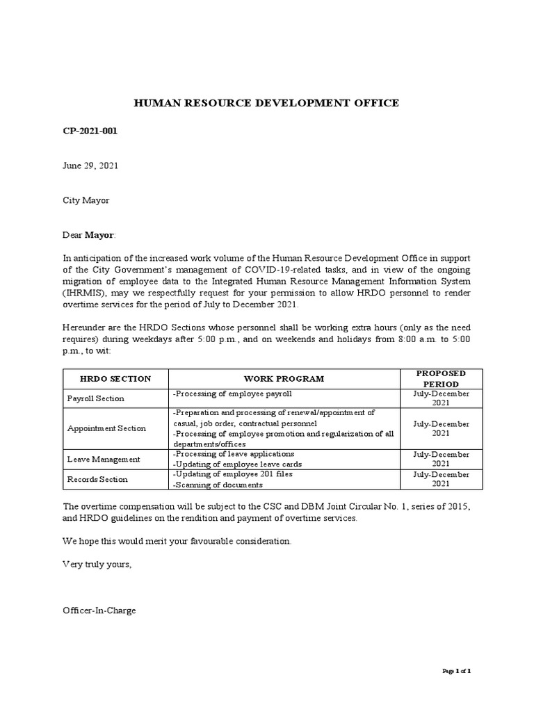 HR Request For Overtime Draft | PDF
