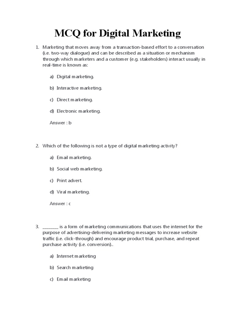 MCQ For Digital Marketing | Download Free PDF | Online Advertising ...