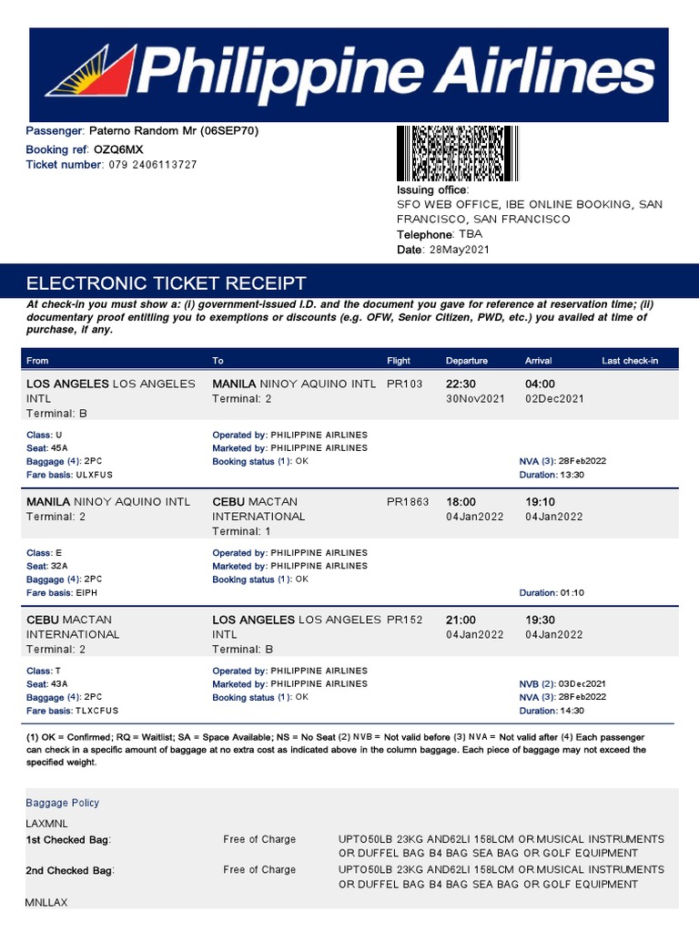 Electronic Ticket Receipt 30NOV For RANDOM PATERNO 1 | PDF | Baggage ...