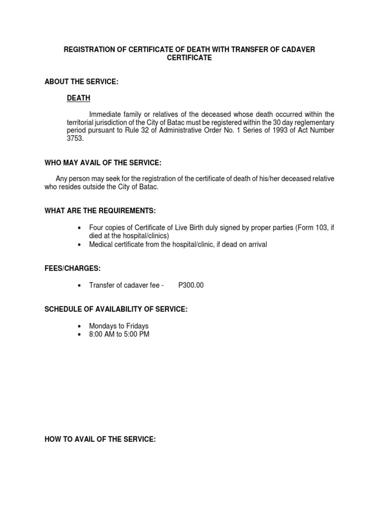 LCR Registration of Certificate of Death With Transfer of Cadaver ...