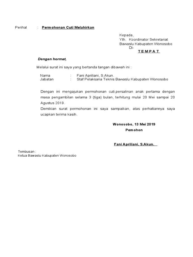 Surat Permohonan Cuti Melahirkan | PDF